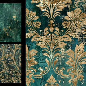 Distressed Ornate Teal and Gold Damask Digital Paper, Seamless Damask ...