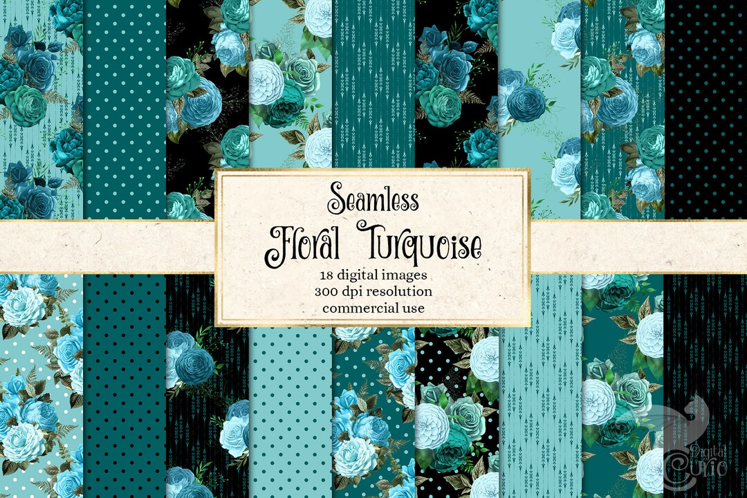 Floral Turquoise Digital Paper, Seamless Teal Rose Printable Scrapbook ...