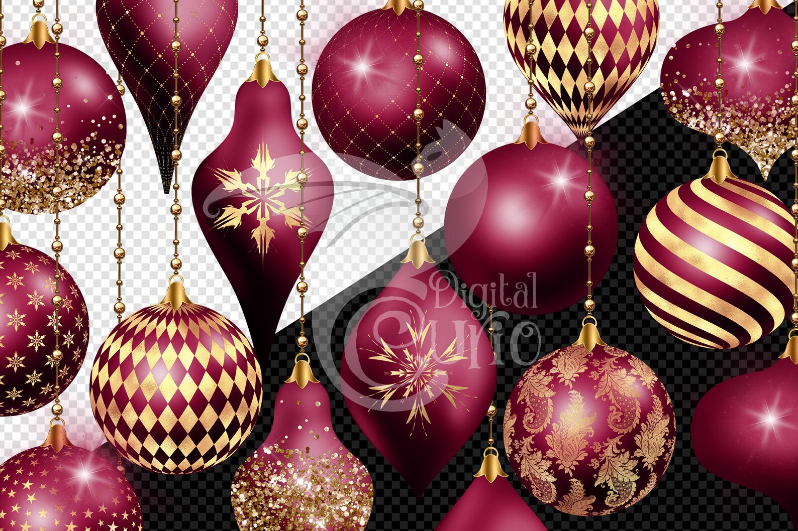Burgundy Gold Christmas Ornament Clipart, Glitter Ball PNG (digital ...