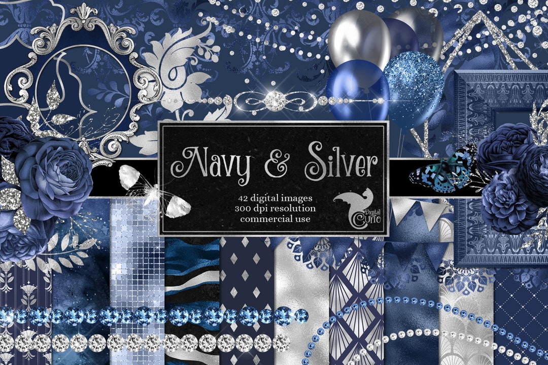 Navy and Silver Digital Scrapbooking Kit, Clipart and Seamless Digital ...
