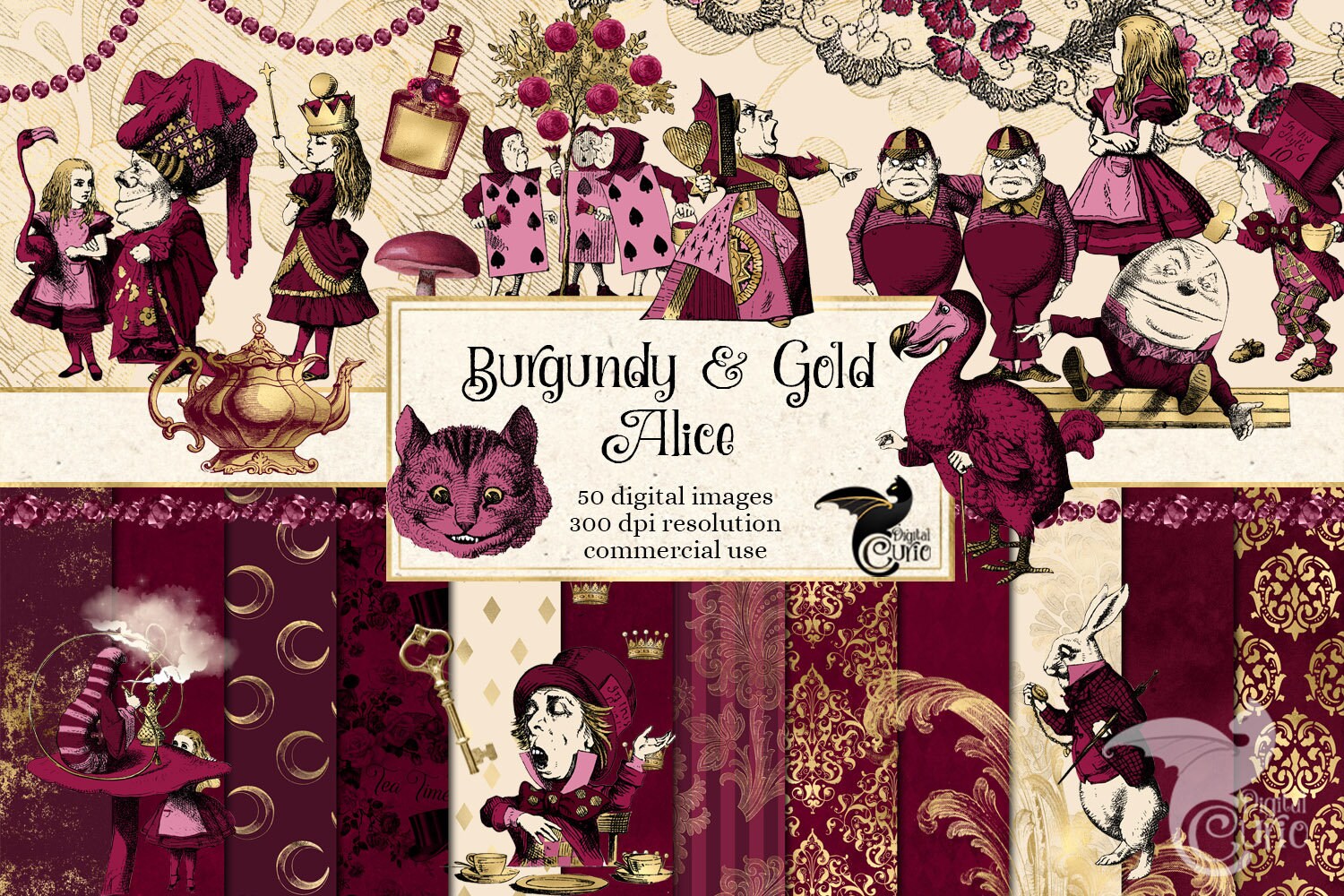 Alice in Wonderland Digital Scrapbook Kit, Burgundy and Gold (digital ...