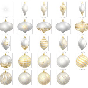 White and Gold Christmas Ornaments Clipart, Digital Glitter Christmas ...
