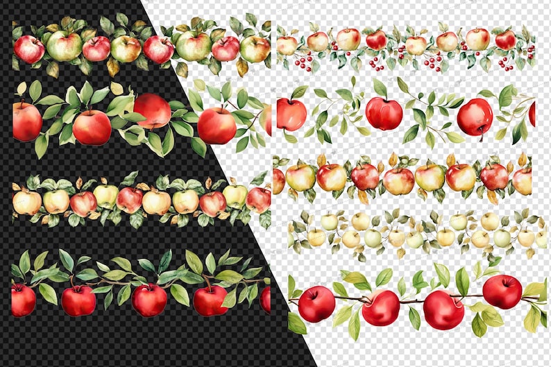 Watercolor Apple Borders Clipart - Seamless Botanical Design (PNG ...