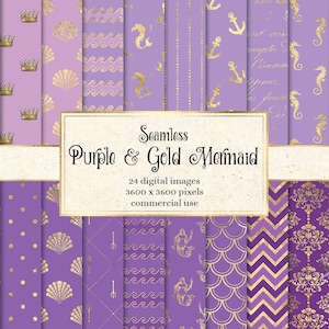 Purple and Gold Mermaid Digital Paper, Seamless Gold Mermaid Patterns ...
