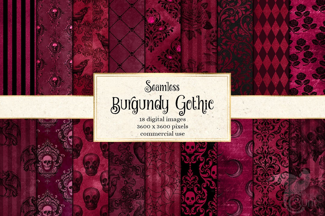 Burgundy Gothic Digital Paper, Skull Damask Halloween Scrapbook Papers ...