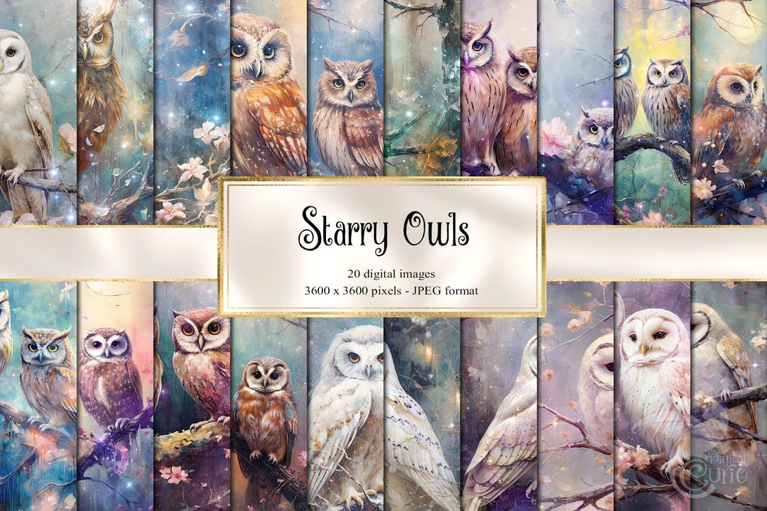 Starry Owls Digital Paper, Celestial Digital Paper Fantasy Scrapbook ...