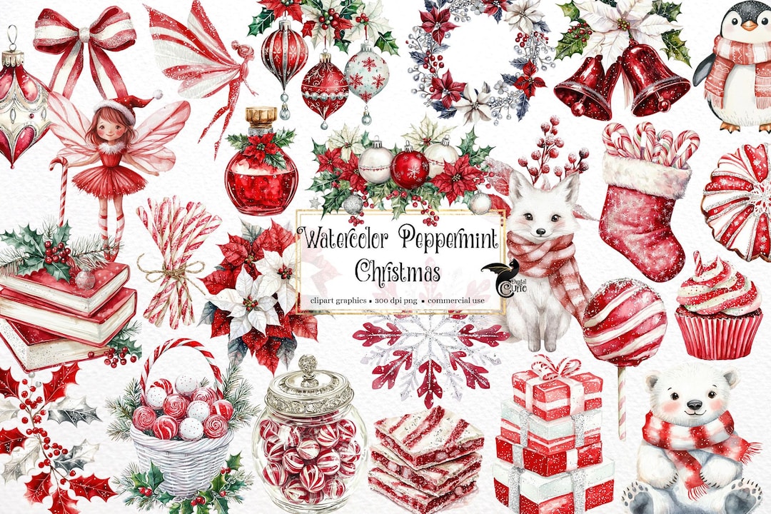 Watercolor Peppermint Christmas Clipart – Red & Silver PNG Graphics ...