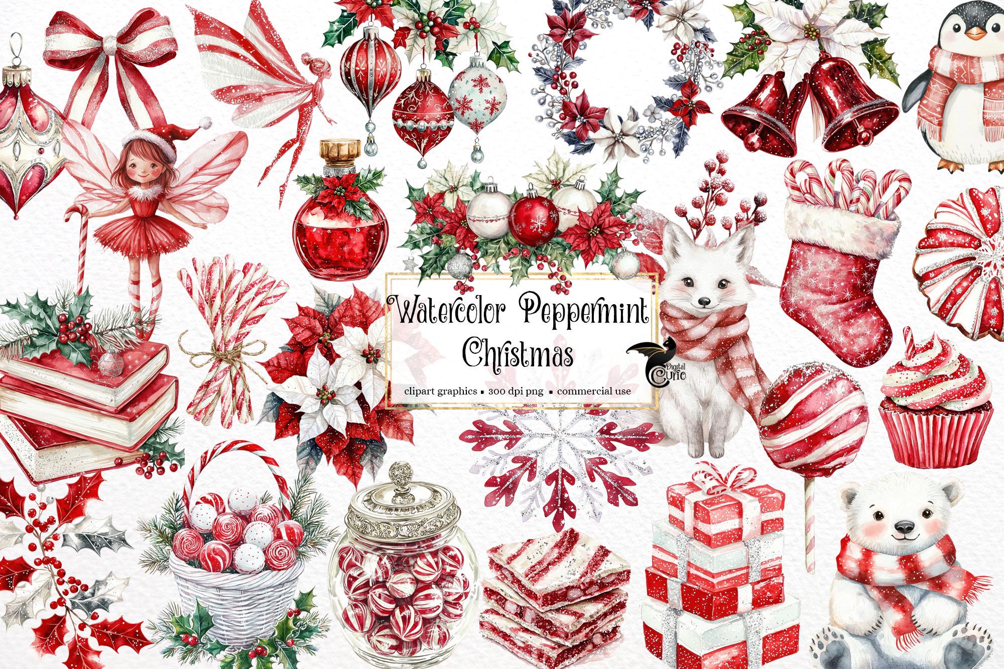 Watercolor Peppermint Christmas Clipart – Red & Silver PNG Graphics ...