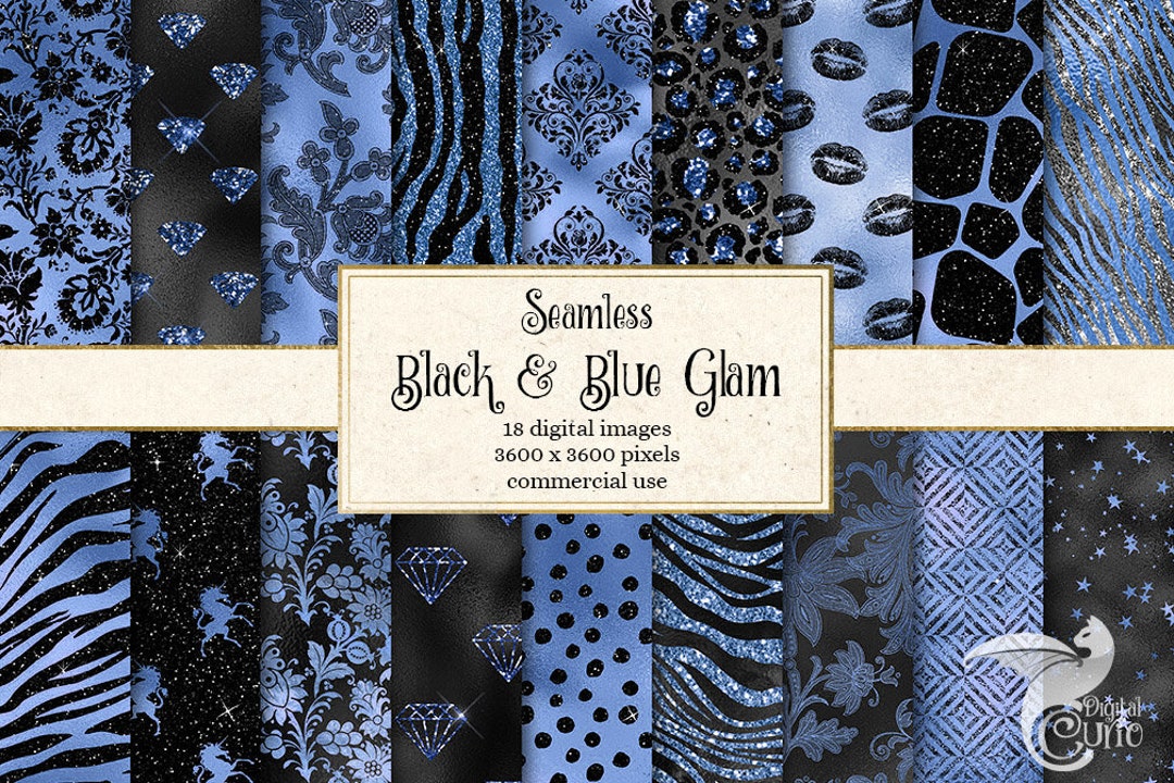 Black and Blue Glam Digital Paper, Seamless Blue and Black Glitter ...