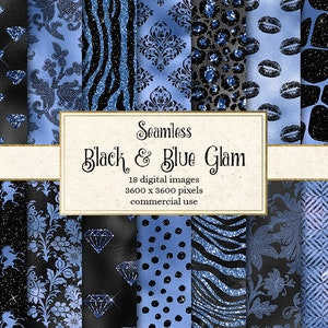 Black and Blue Glam Digital Paper, Seamless Blue and Black Glitter ...