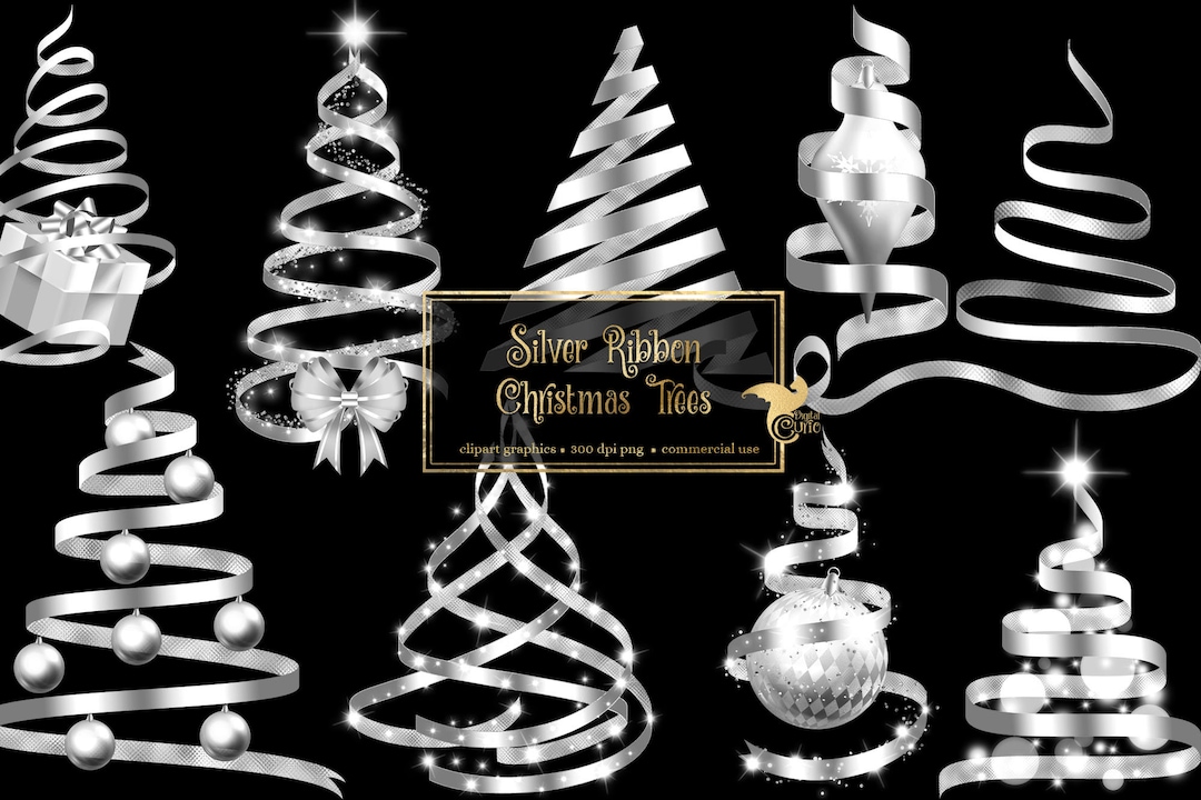 Silver Ribbon Christmas Tree Clip Art - Digital Holiday Glitter Png ...