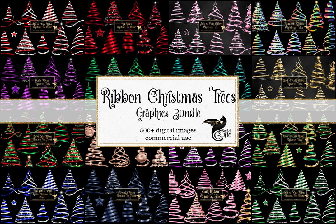 Ribbon Christmas Trees Graphics Bundle - 24 Digital Clip Art Sets With ...