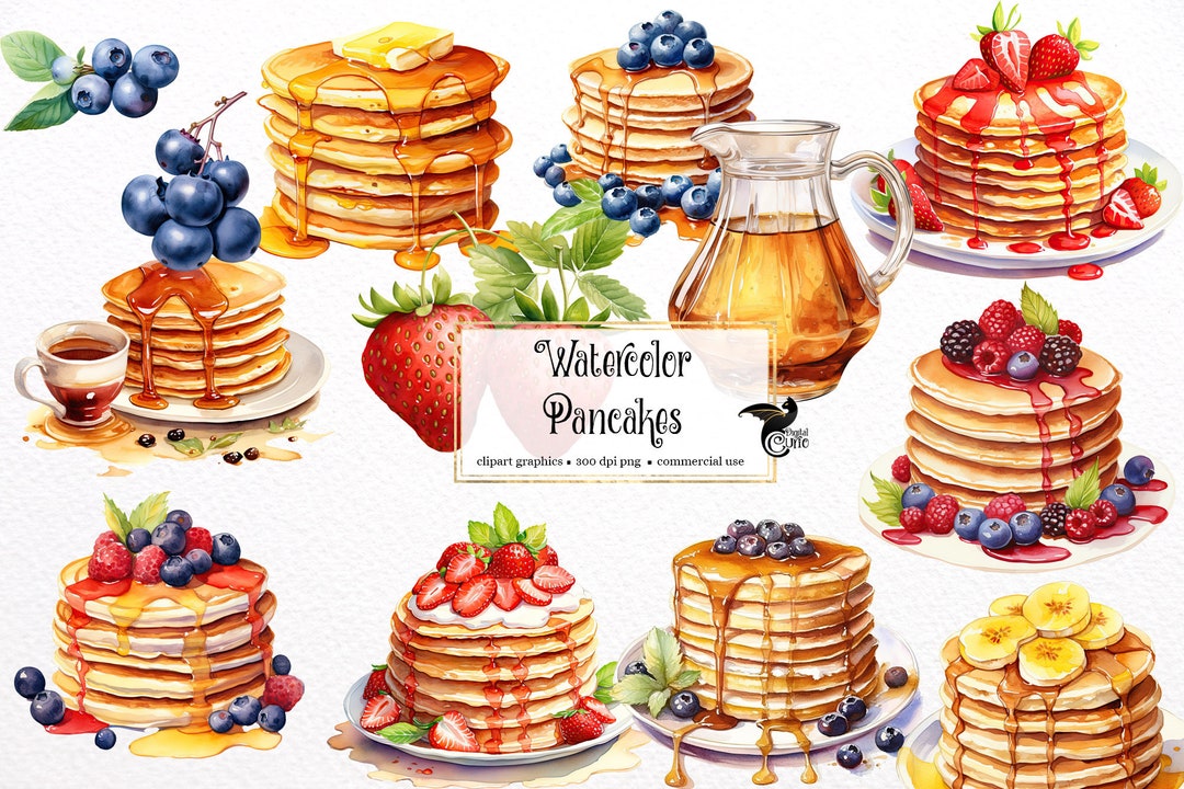 Watercolor Pancakes Clipart - Digital Png Blueberry Breakfast Graphics ...