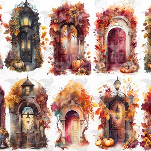 Watercolor Autumn Doors Clipart - Floral Fall Door Watercolor PNG ...