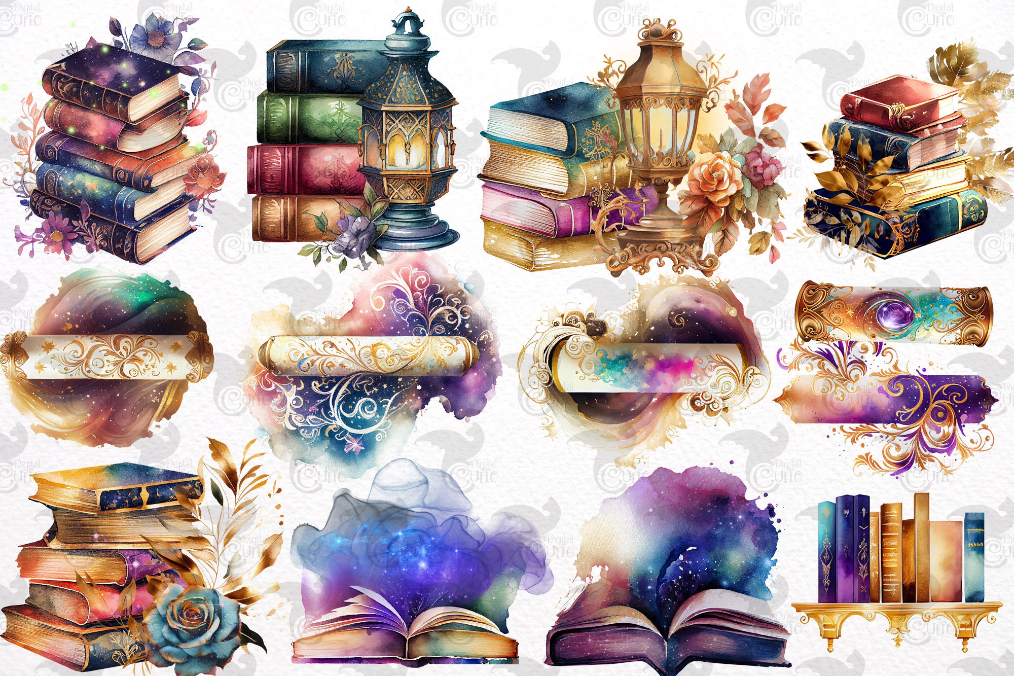 Watercolor Fantasy Books Clipart Galaxy Wizard Book Stacks - Etsy UK