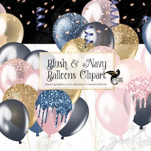 Blush and Navy Balloons Clipart, Glitter and Foil Confetti Party ...