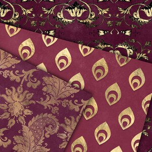 Burgundy and Gold Peacock Digital Paper, Seamless Gold Peacock Patterns ...