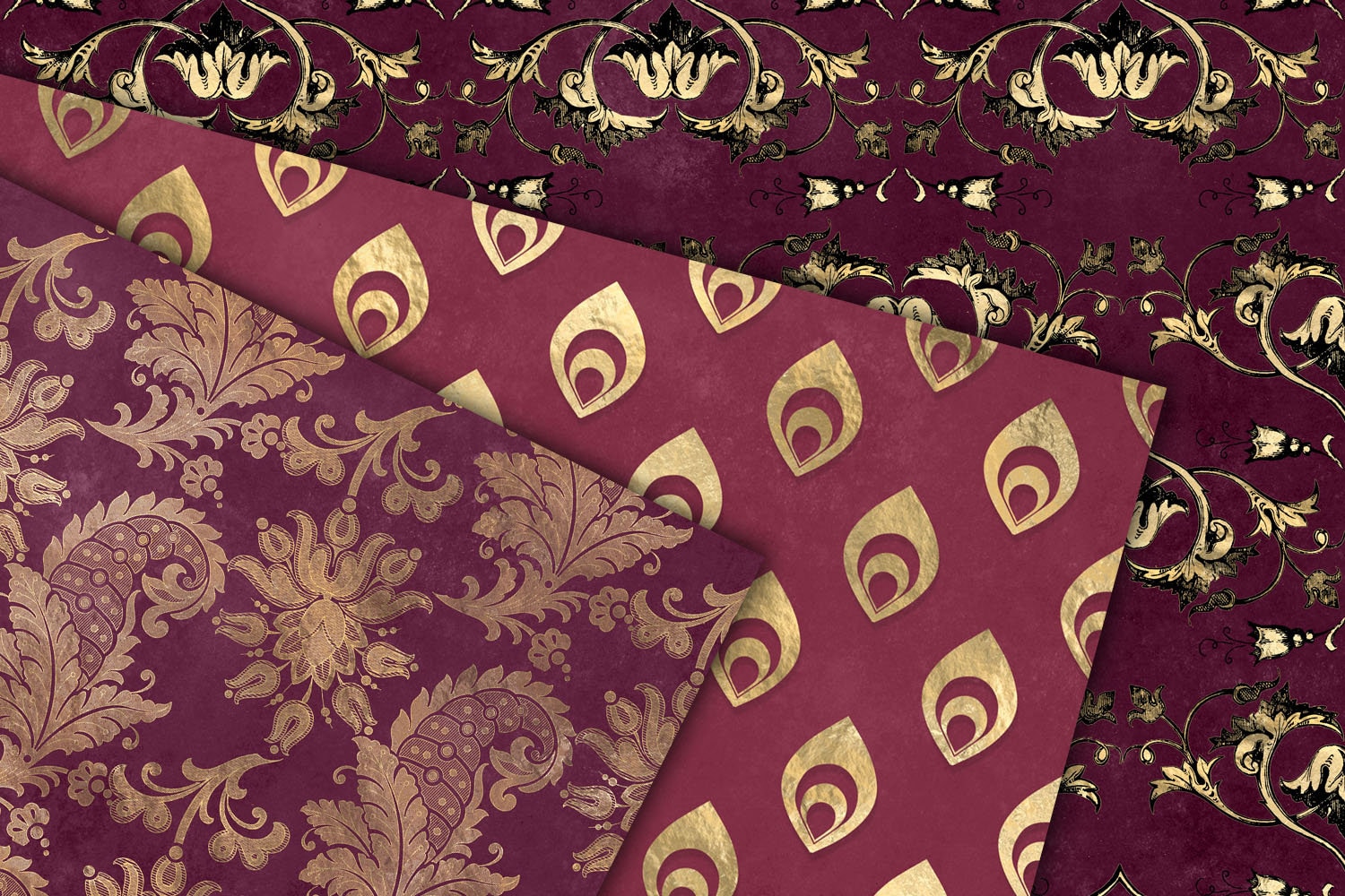 Burgundy Gold Peacock Digital Paper, Seamless Patterns (digital ...