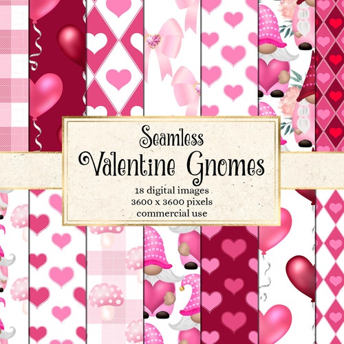 Valentine Gnome Digital Paper Seamless Heart Patterns With | Etsy