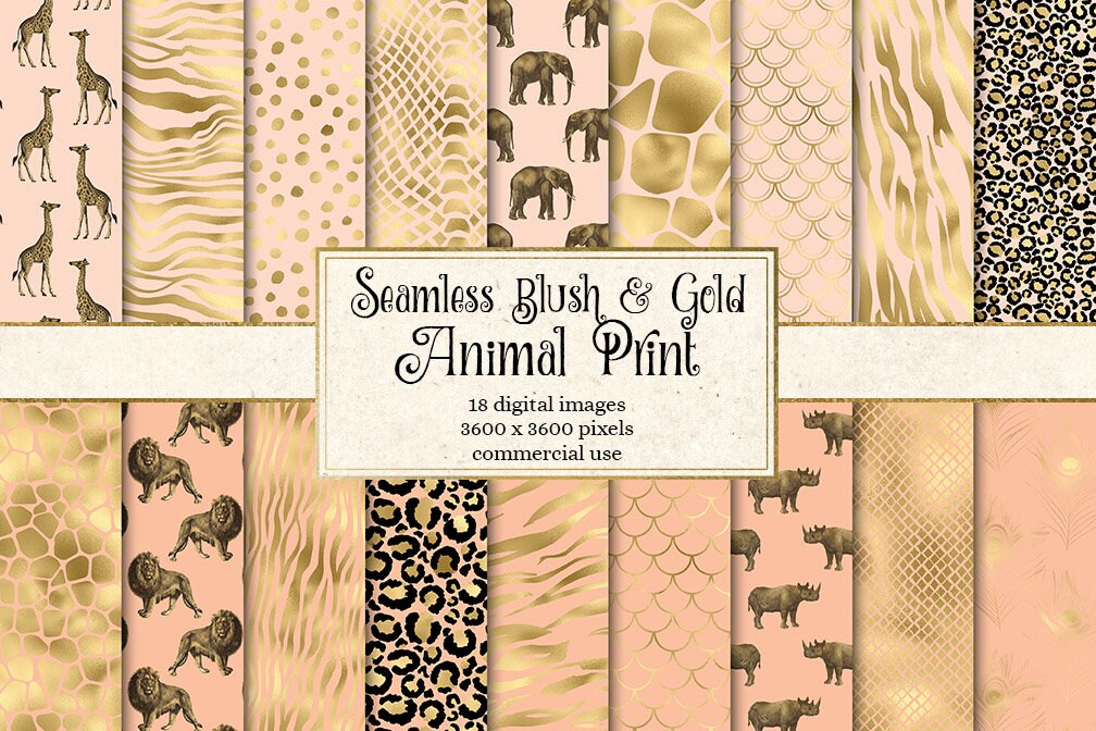 Blush Gold Animal Print Digital Paper, Seamless Safari Patterns ...