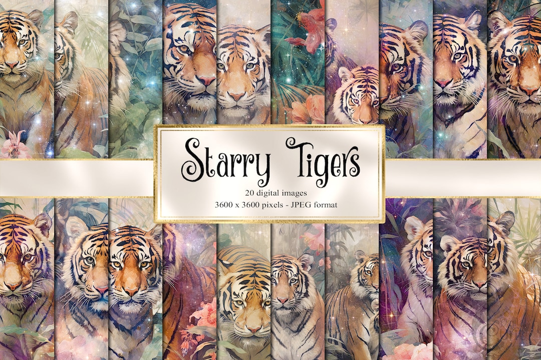 Starry Tiger Digital Paper, Celestial Digital Paper Fantasy Scrapbook ...