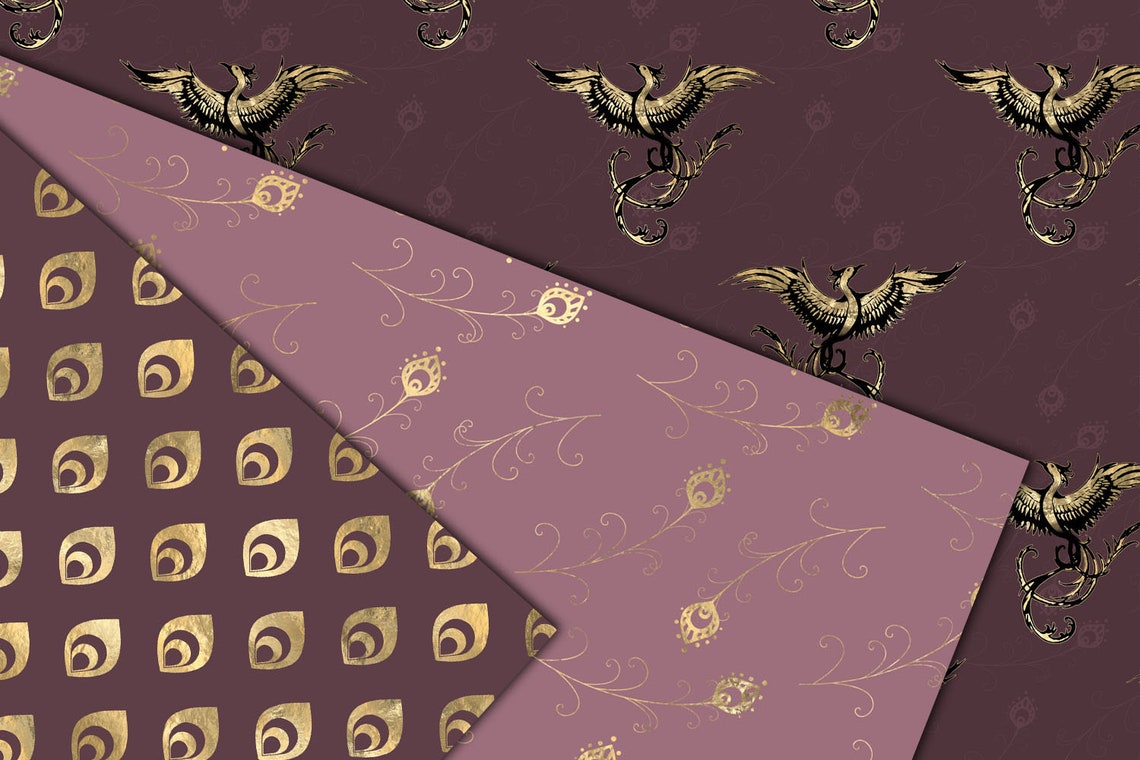 Mauve and Gold Peacock Digital Paper seamless gold peacock | Etsy