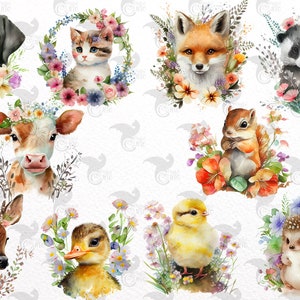 Watercolor Spring Baby Animals Clipart - Animals With Floral Bouquets ...