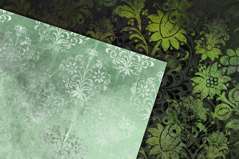 Green Distressed Damask Digital Paper, Vintage Scrapbook Textures ...