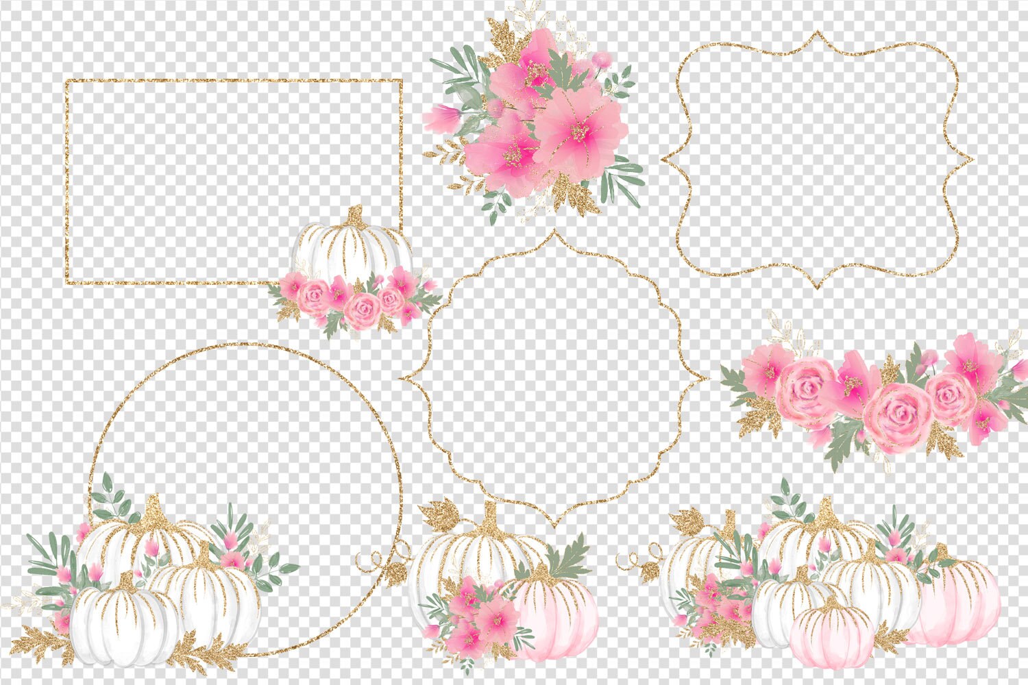 Pink White and Gold Watercolor Pumpkins Clip Art Sparkling - Etsy