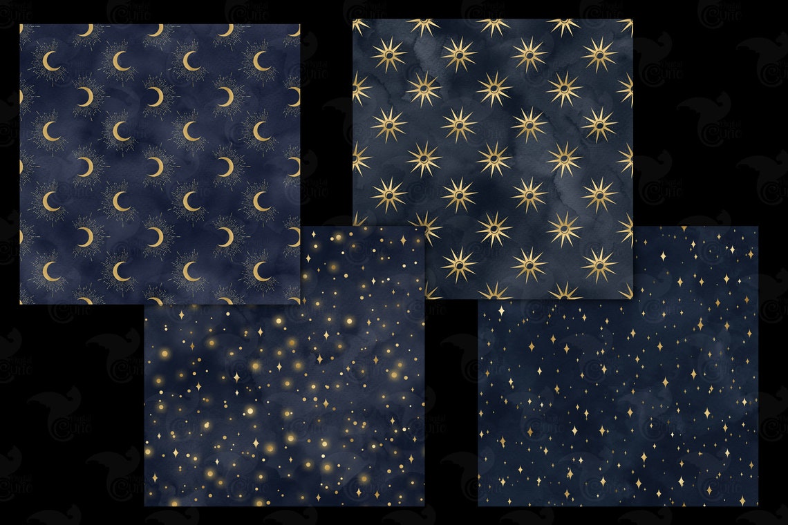 Celestial Starry Night Digital Paper – Navy Blue & Gold (seamless ...