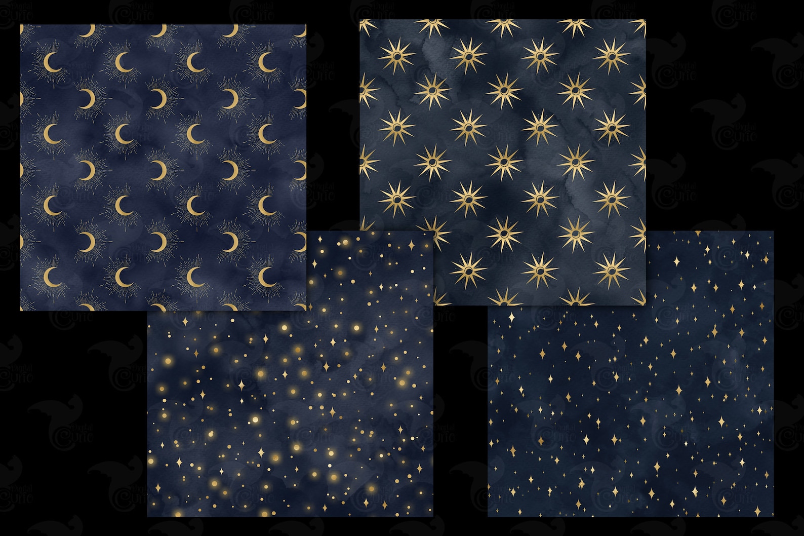Celestial Starry Night Digital Paper – Navy Blue & Gold (seamless ...