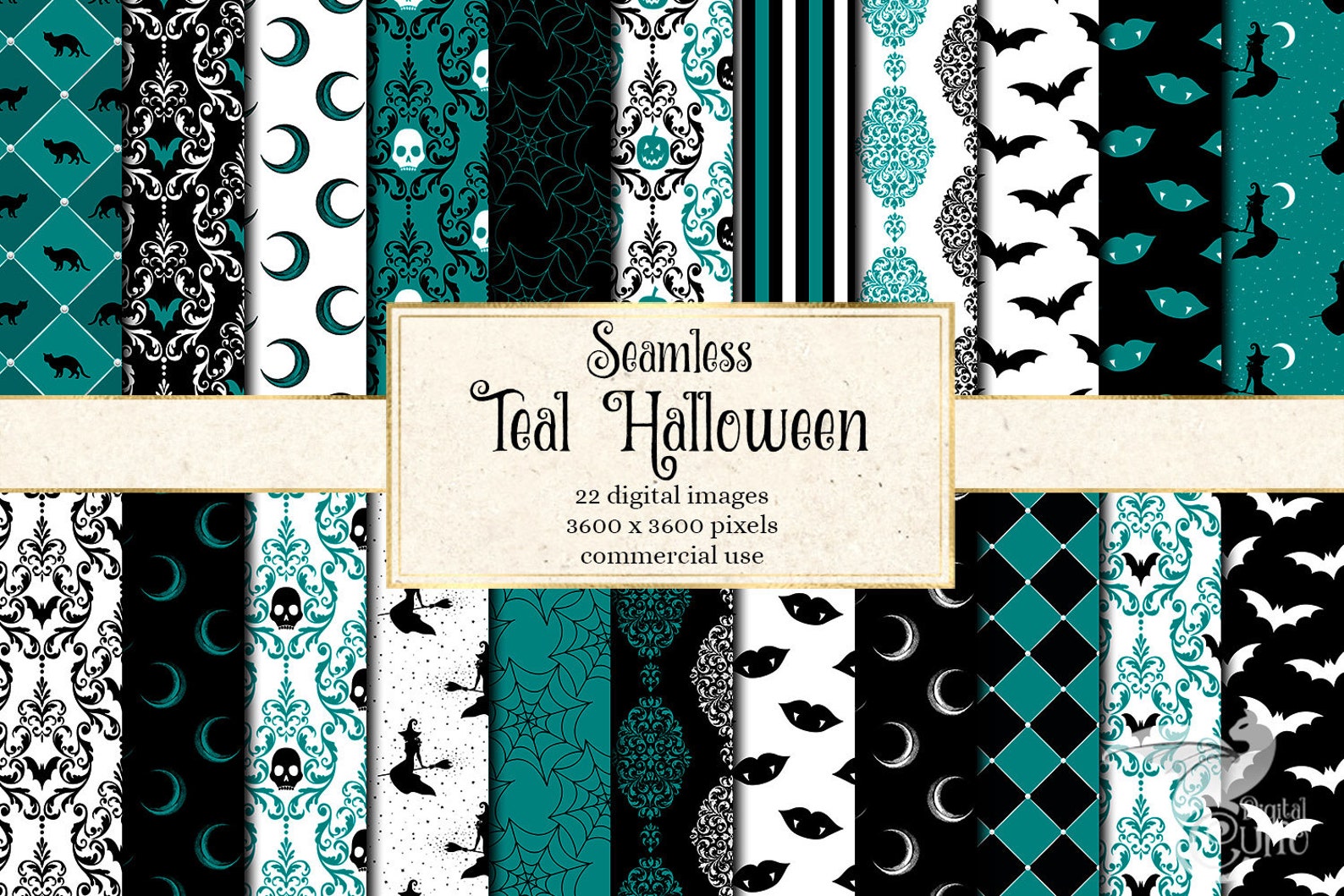 Teal Halloween Digital Paper Seamless Witch and Skull | Etsy