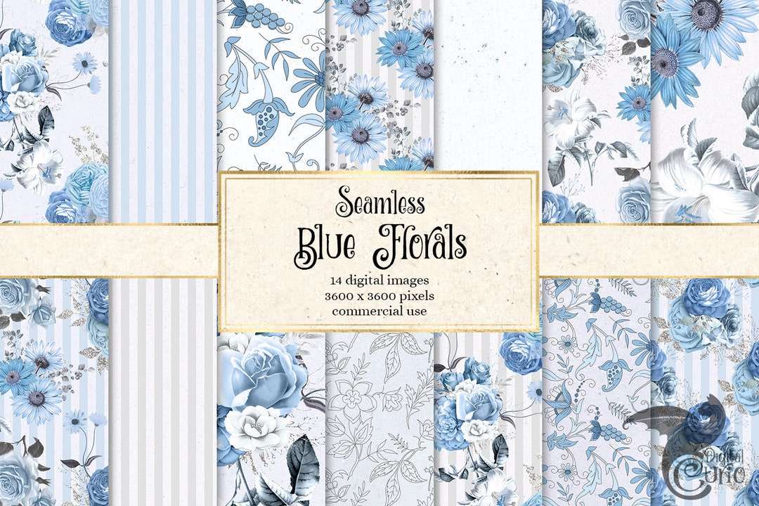 Blue Floral Digital Paper, Seamless Flower Backgrounds (digital ...