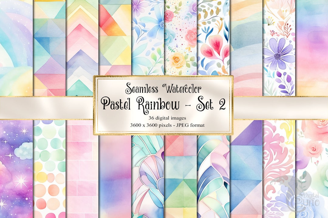Watercolor Rainbow Pastel Patterns, Set 2 - Seamless Digital Paper ...