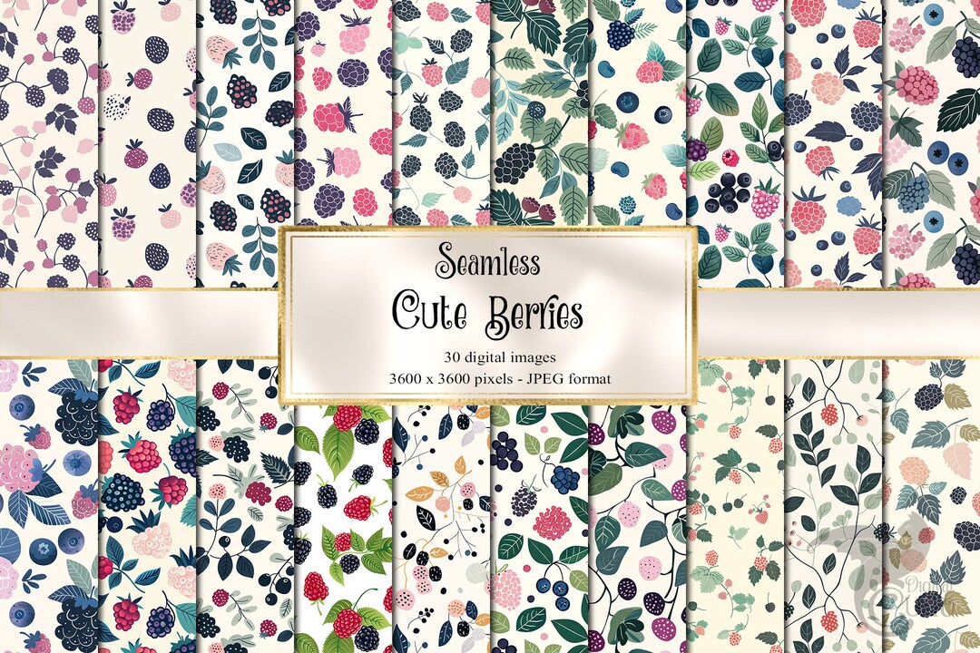 Cute Berries Digital Paper - Seamless Pastel Fruit Background Patterns ...