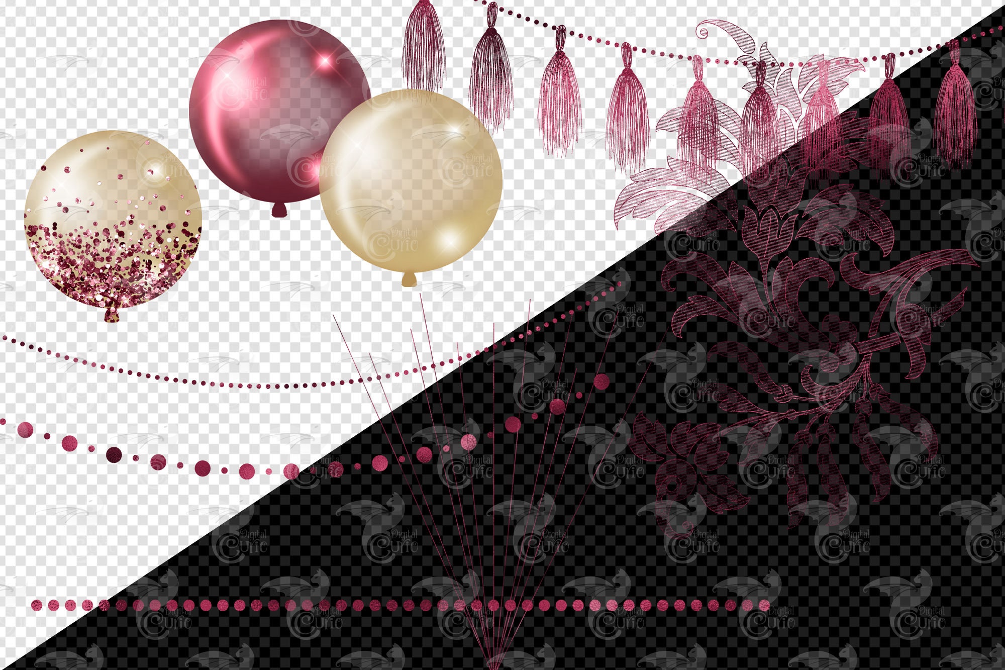 Burgundy & Gold Balloons Clipart – Glam Party Graphics (digital ...