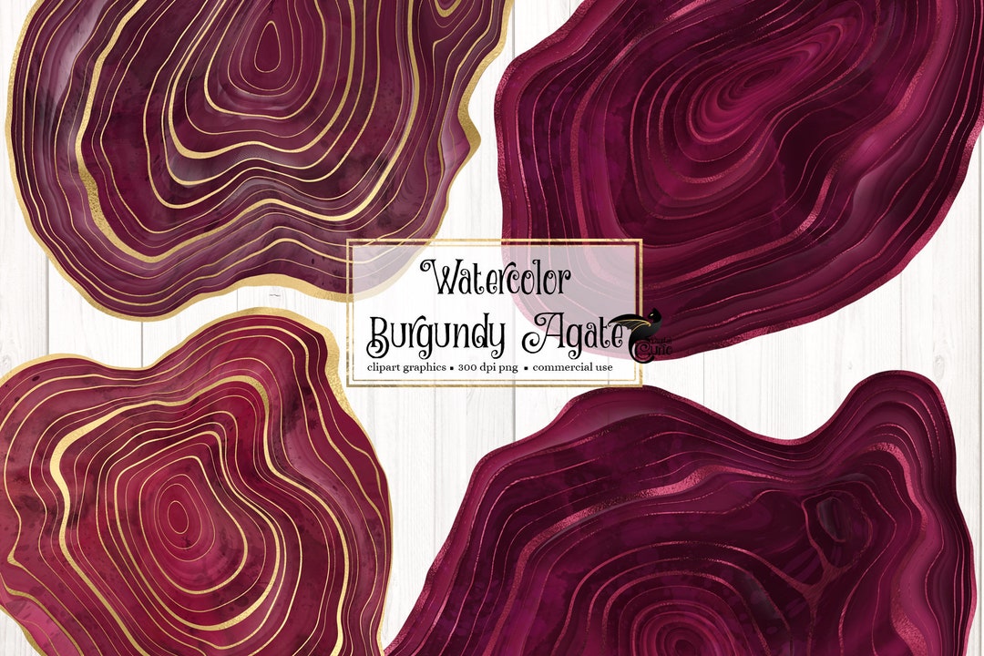 Watercolor Burgundy Agate Clipart, Gold Agate Geode Digital Graphic ...