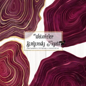 Watercolor Burgundy Agate Clipart, Gold Agate Geode Digital Graphic ...