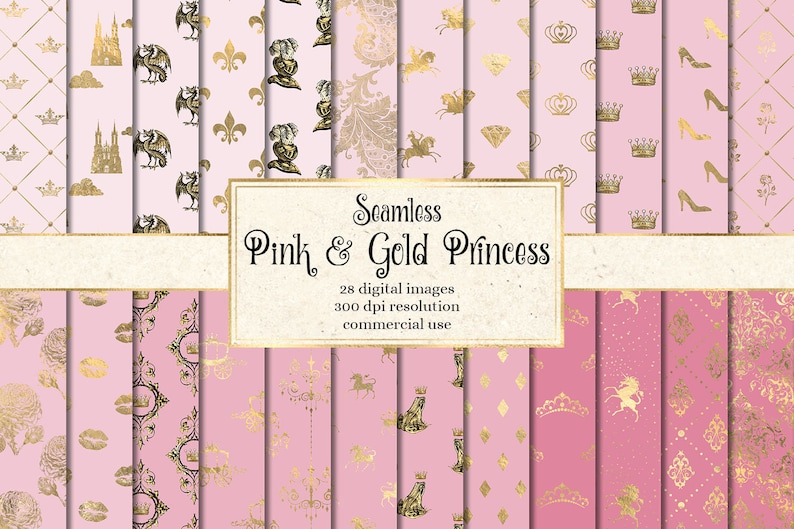 Pink and Gold Princess Digital Paper, Seamless Scrapbook Patterns ...