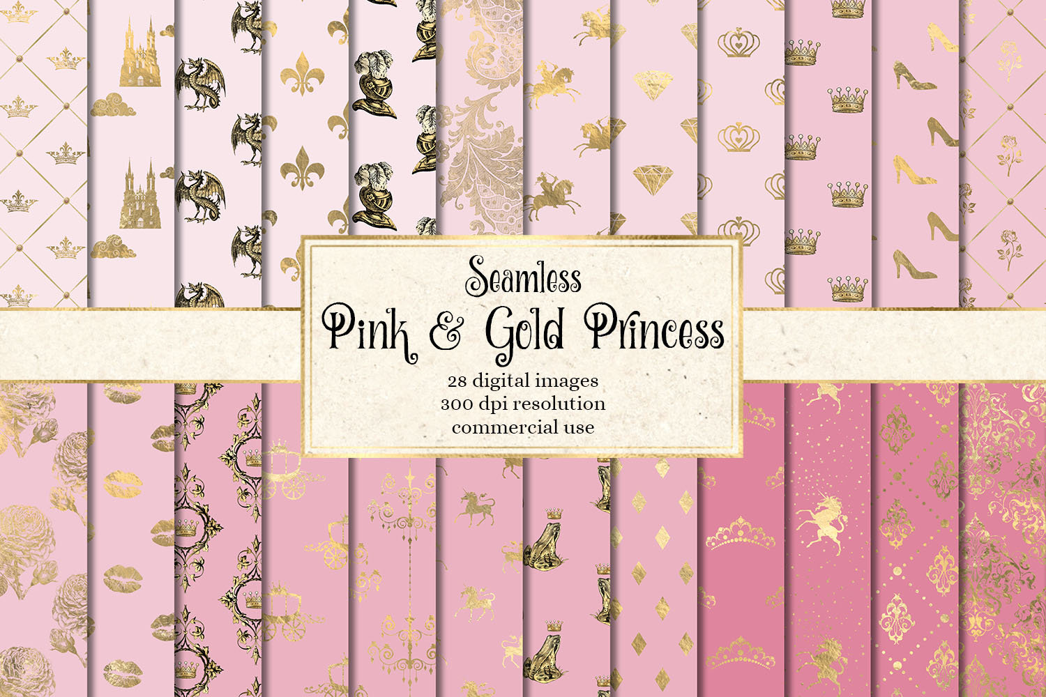 Pink and Gold Princess Digital Paper, Seamless Scrapbook Patterns ...
