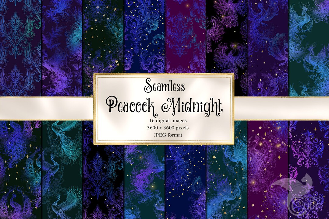 Peacock Midnight Digital Paper, Seamless Peacock Patterns Printable ...
