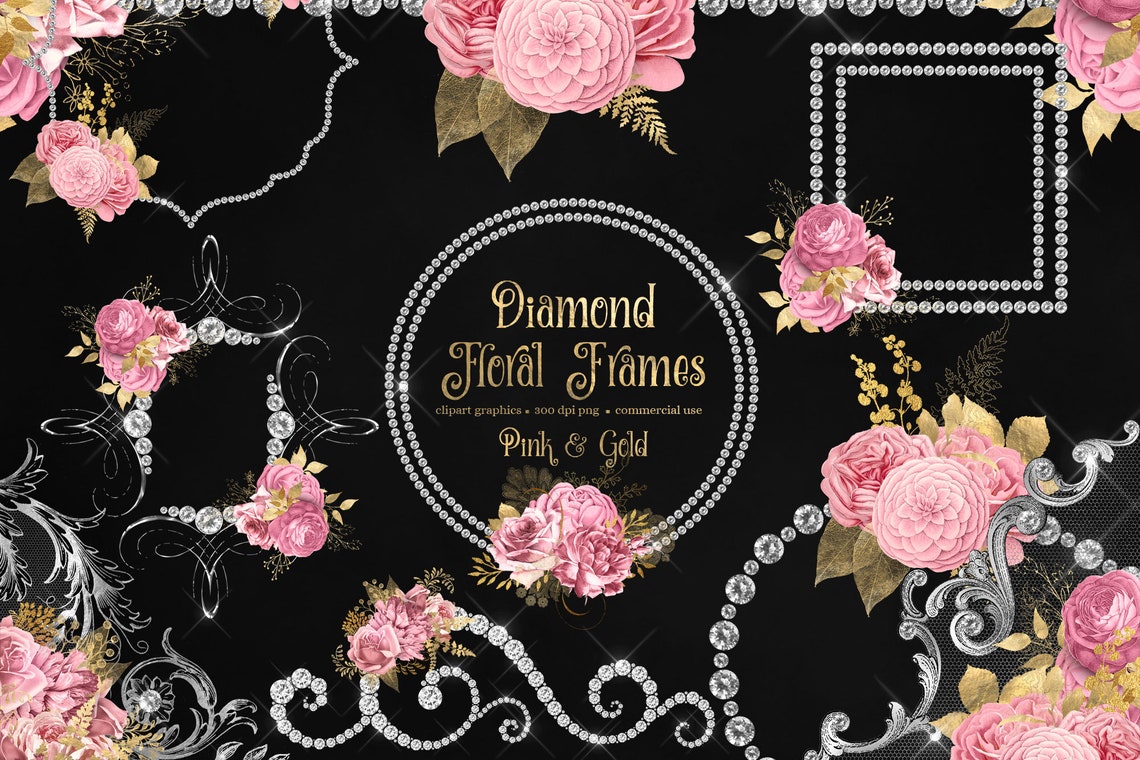 Pink and Gold Floral Diamond Frames Clip Art (instant Download) - Etsy