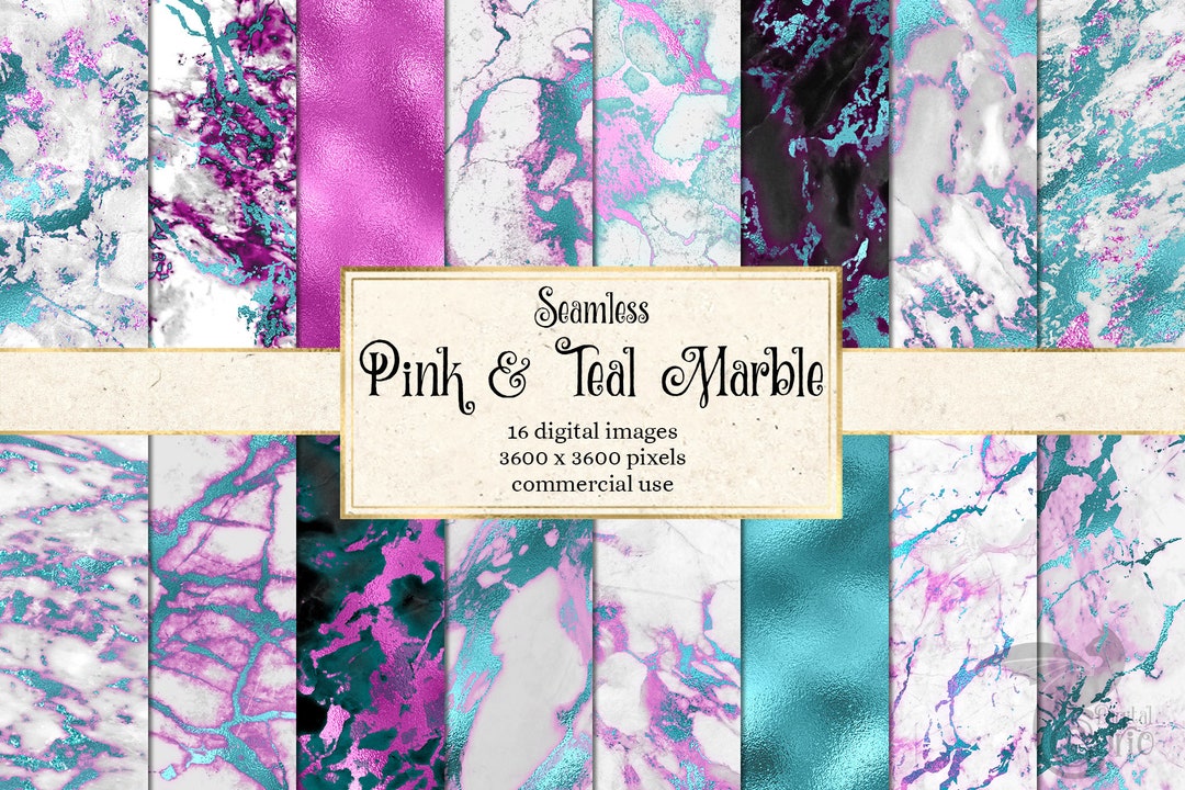Pink and Teal Marble Digital Paper, Seamless Marble Textures With Foil ...