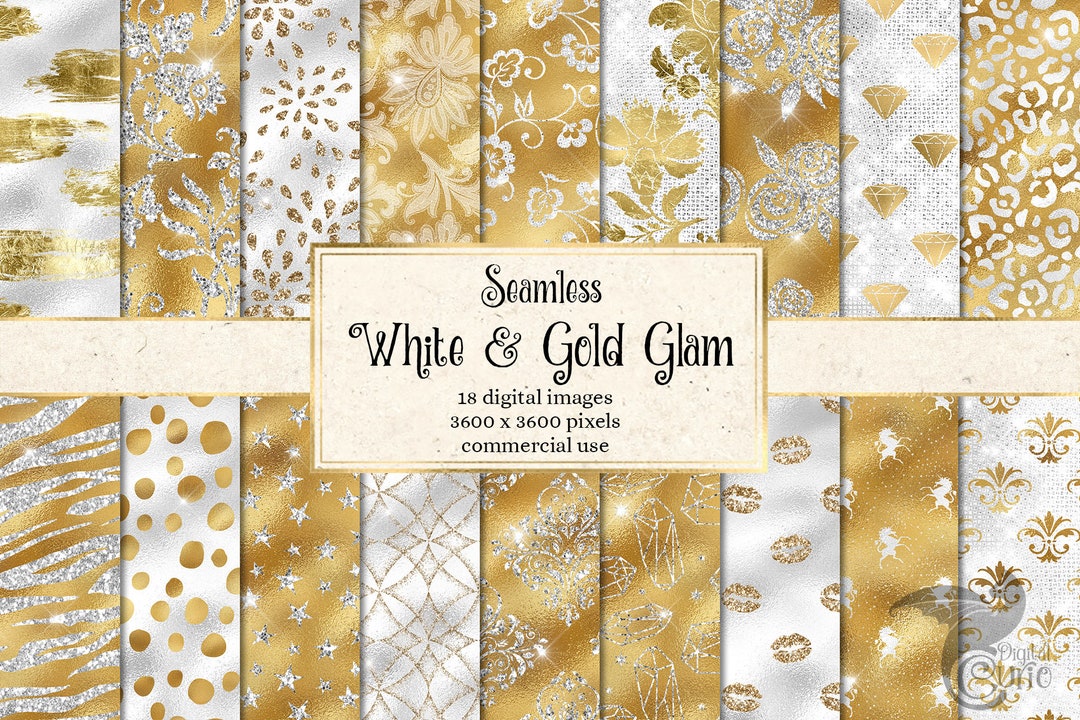White and Gold Glam Digital Paper, Seamless White and Gold Glitter Glam ...