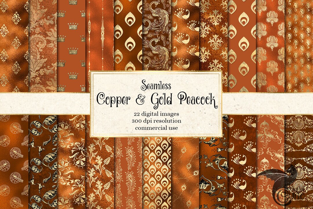 Copper & Gold Peacock Digital Paper, Seamless Patterns (digital ...