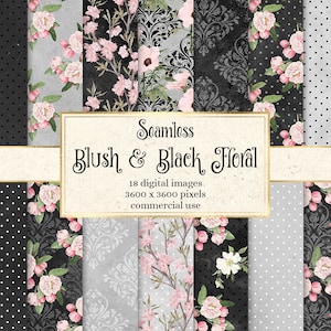 Blush and Black Floral Digital Paper, Seamless Floral Patterns Rustic ...
