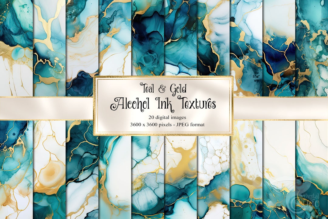 Teal and Gold Alcohol Ink Textures, Liquid Paint Texture Backgrounds ...