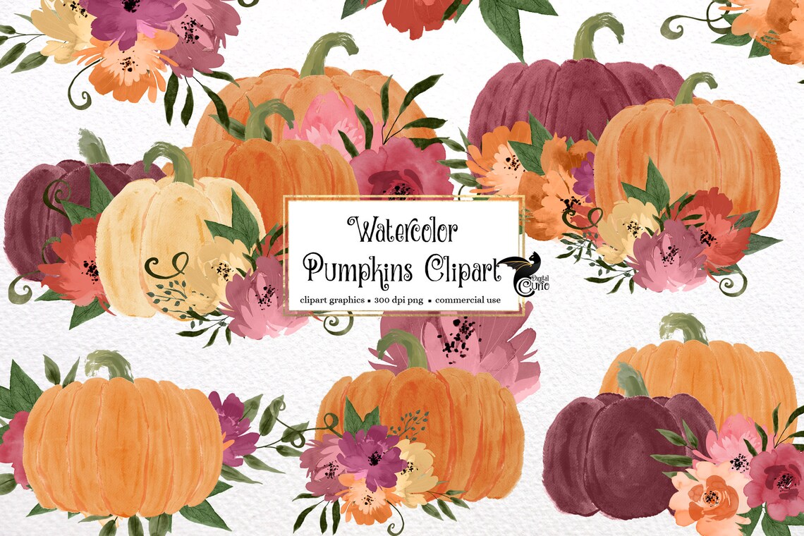 Watercolor Pumpkins Clip Art - Autumn Pumpkins in PNG Format Instant ...