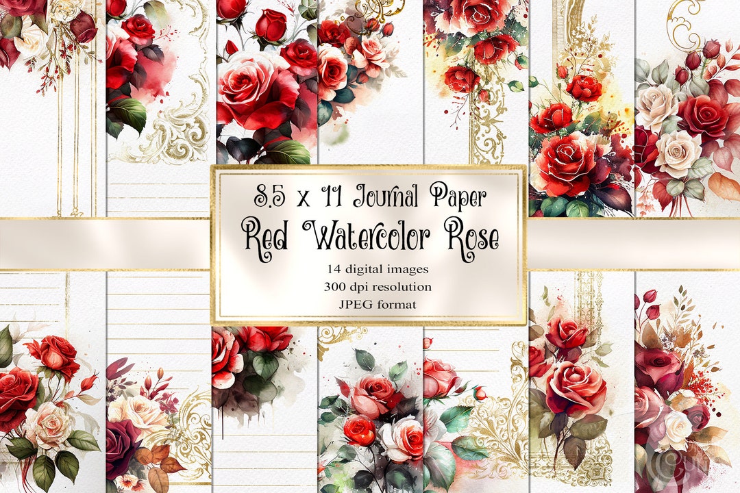 Red Watercolor Rose Digital Paper, Printable Junk Journal Watercolor ...