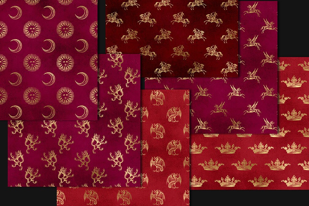 Heraldic Red and Gold Digital Paper Seamless Patterns - Etsy